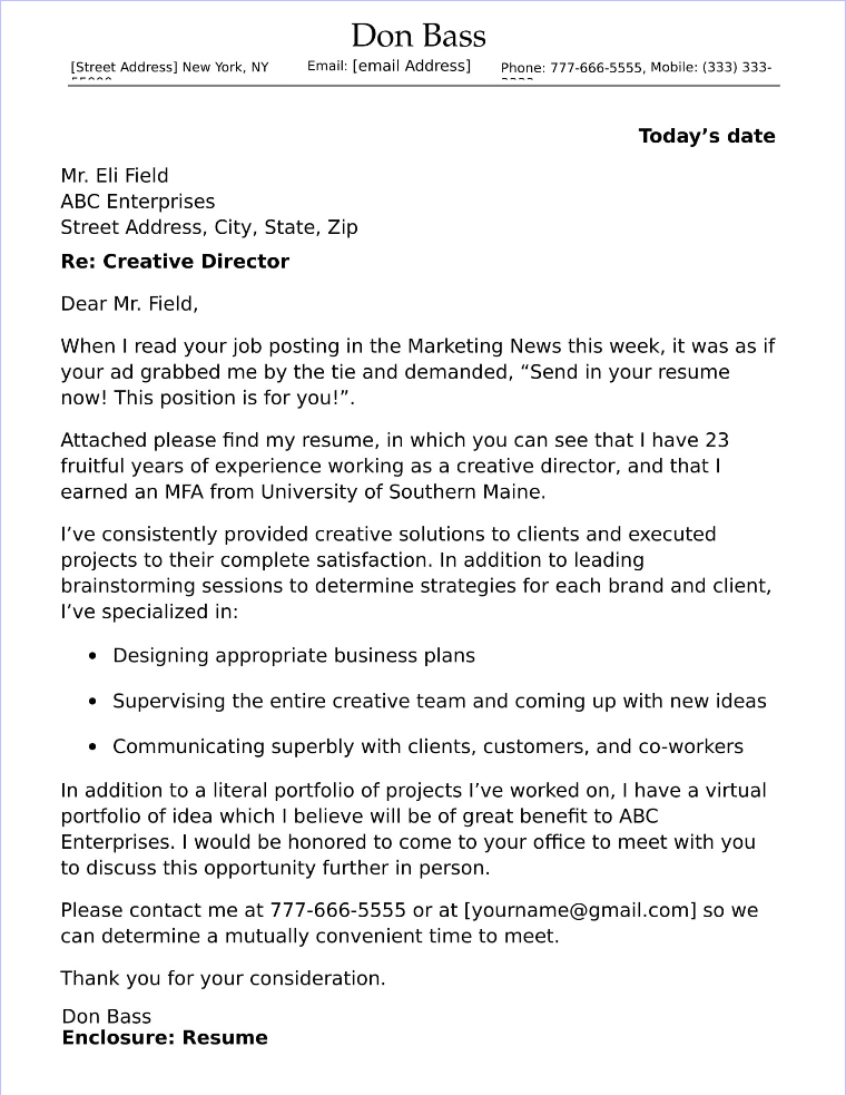 Creative Director Cover Letter Sample Creative Director Cover Letter Sample