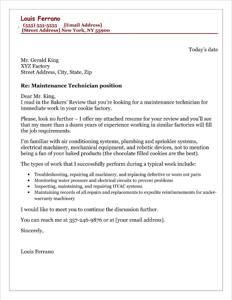 Maintenance Technician Cover Letter Sample