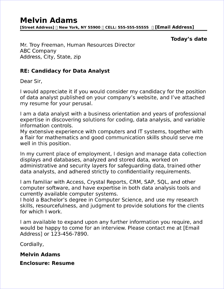 Data Analyst Cover Letter Sample Data Analyst Cover Letter Sample