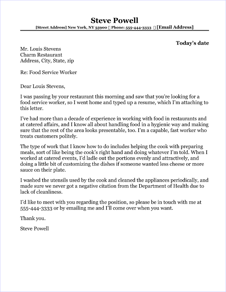 Food Service Cover Letter Sample Food Service Cover Letter Sample